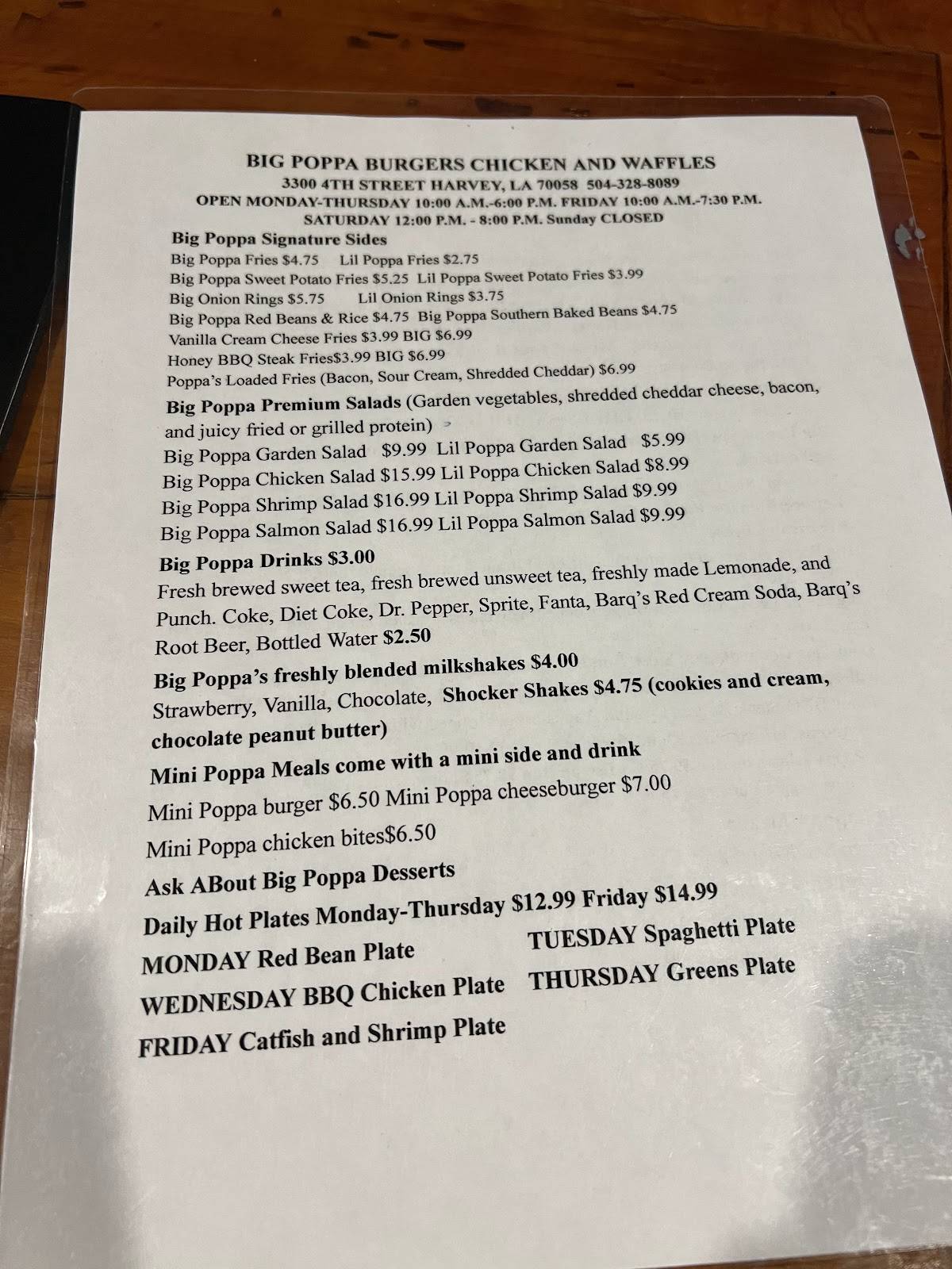 Menu at Big Poppa Burgers Chicken & Waffles restaurant, Harvey