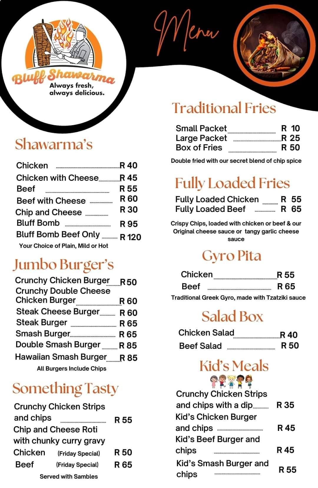 Menu at Bluff Shawarma restaurant, Durban