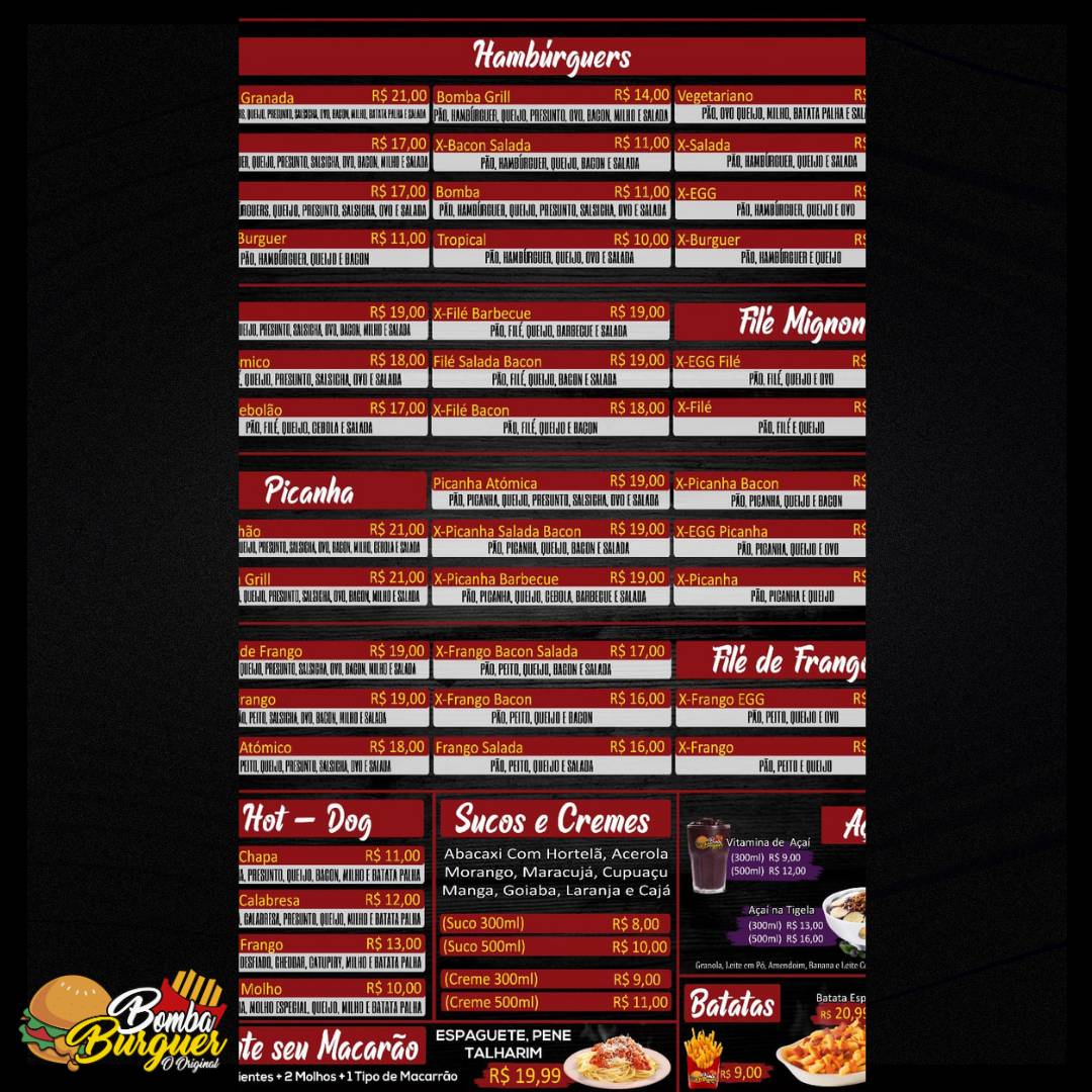 Menu at Bomba Burguer O Original restaurant, Taguatinga
