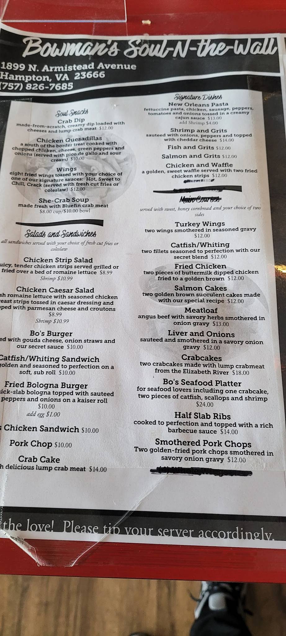 Menu at Bowman's Soul-N-The Wall restaurant, Hampton
