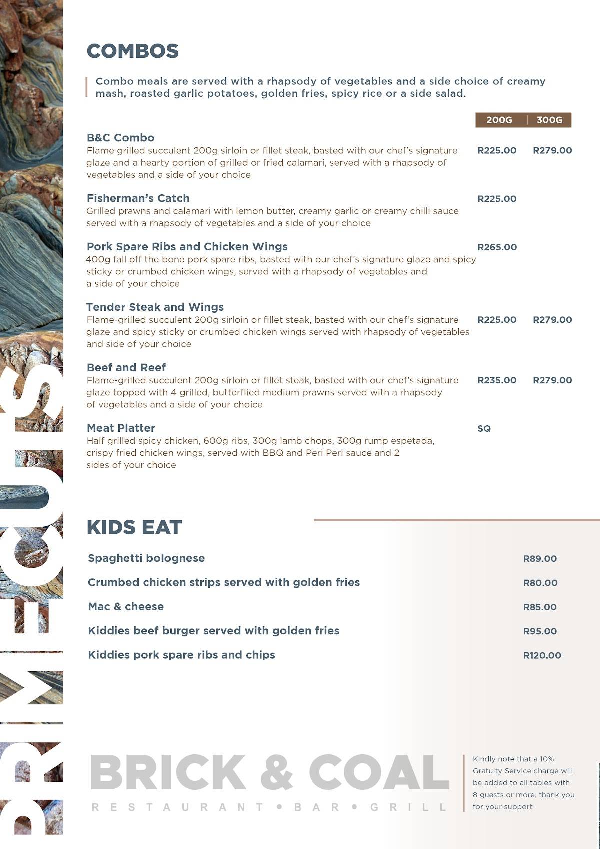 Menu at Brick and Coal Ballito restaurant, Dolphin Coast