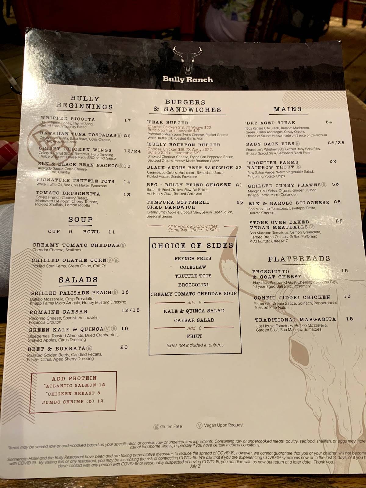 Menu at Bully Ranch Restaurant, Vail