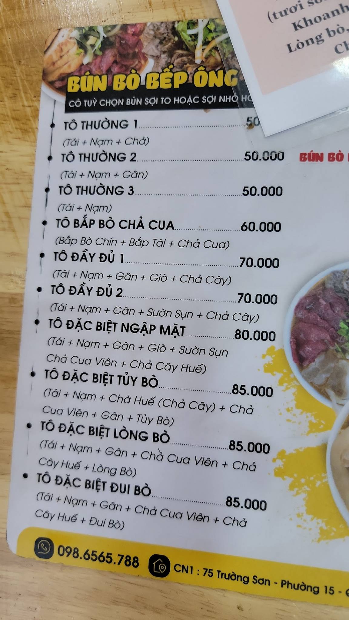 Menu at Bún Bò Thố Đá Bếp Ông Lập - Trường Sơn restaurant, Ho Chi Minh City