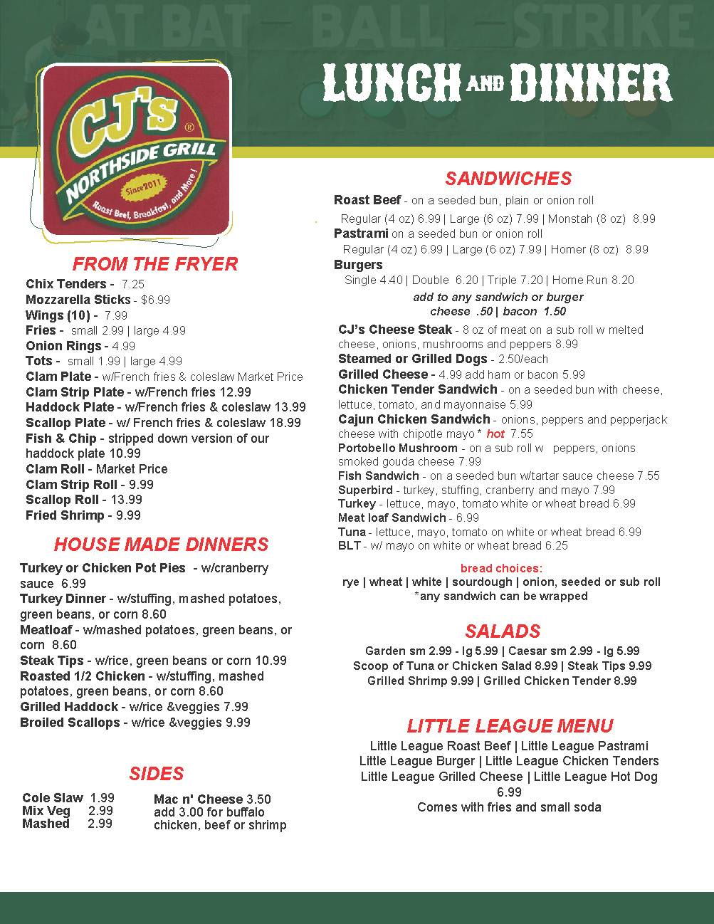 Menu at CJ's Northside Grill restaurant, Framingham