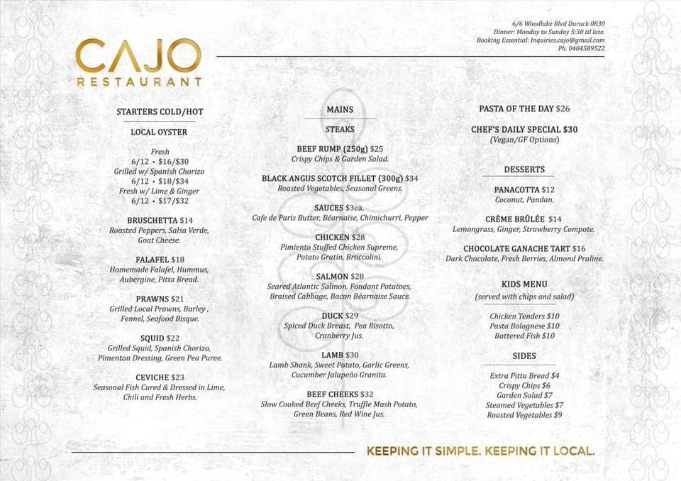 Menu at CaJo Restaurant, Durack