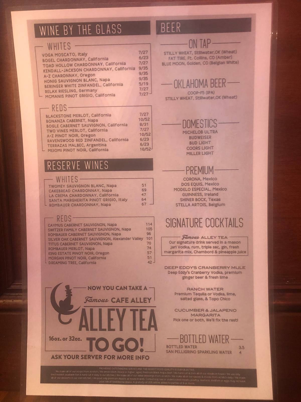 Menu at Cafe Alley, Ardmore, 126 A St NE