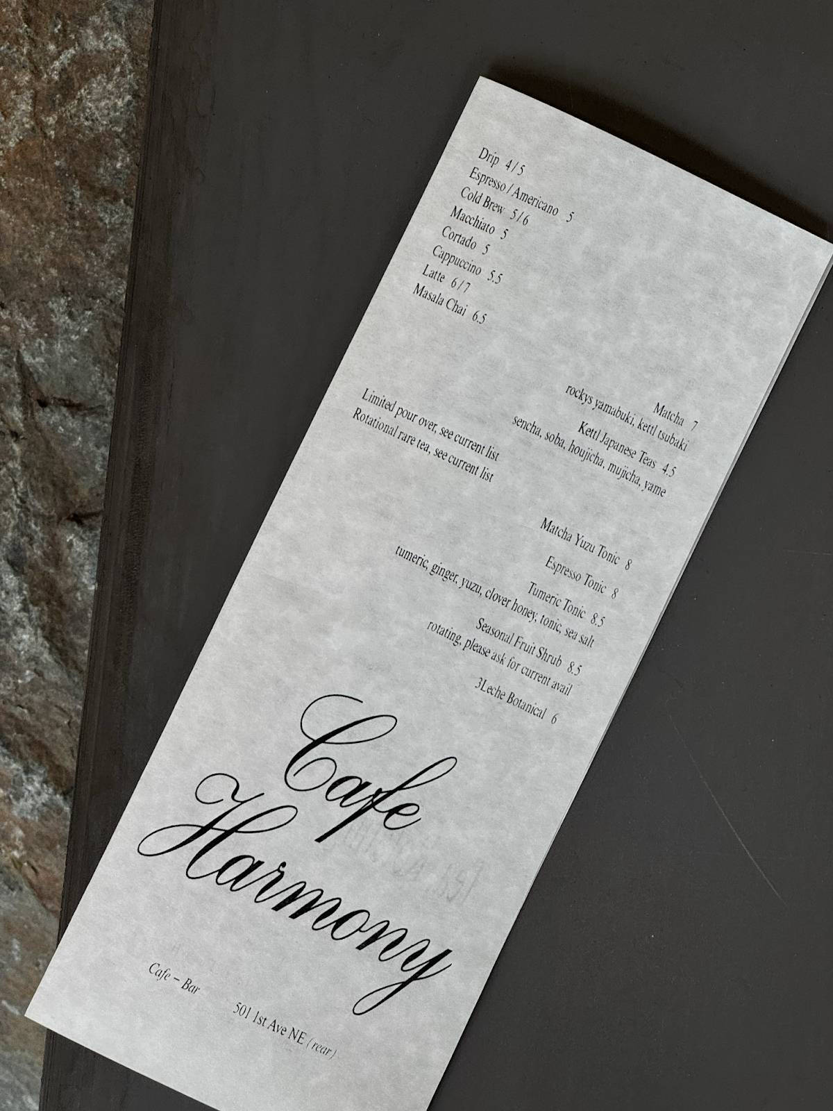 Menu at Cafe Harmony, Minneapolis