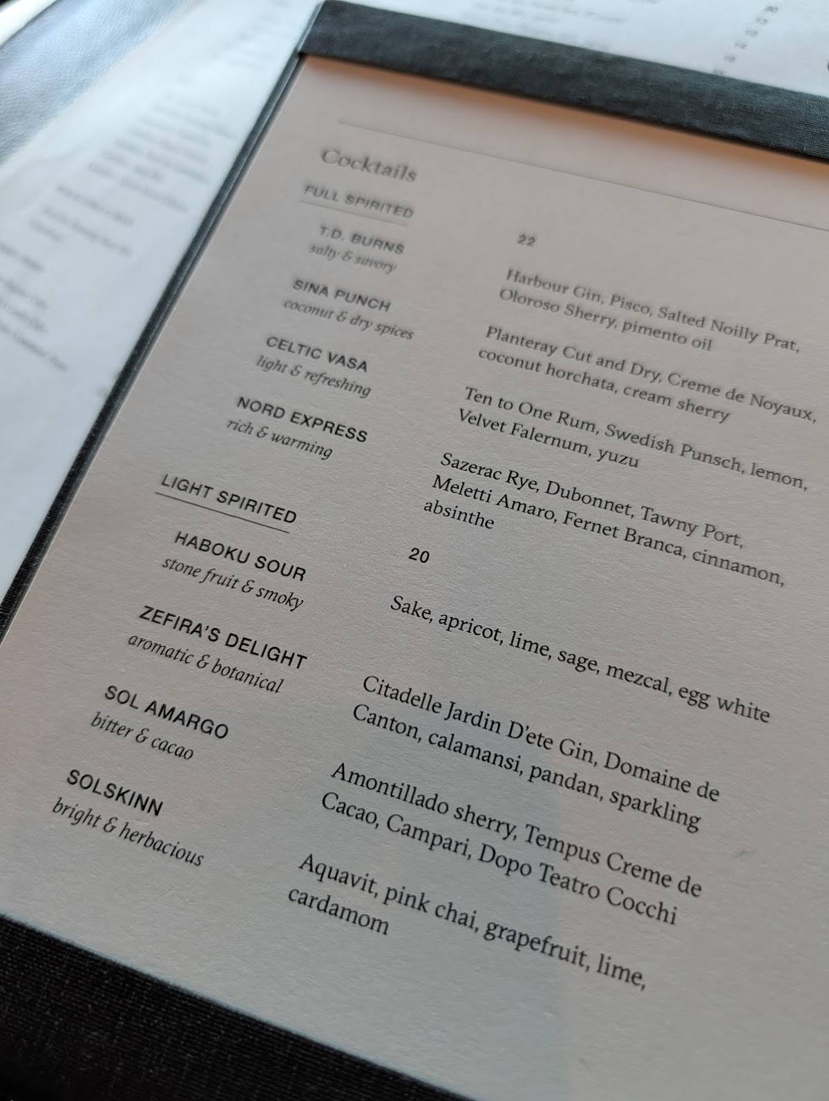 Menu at Canlis restaurant, Seattle