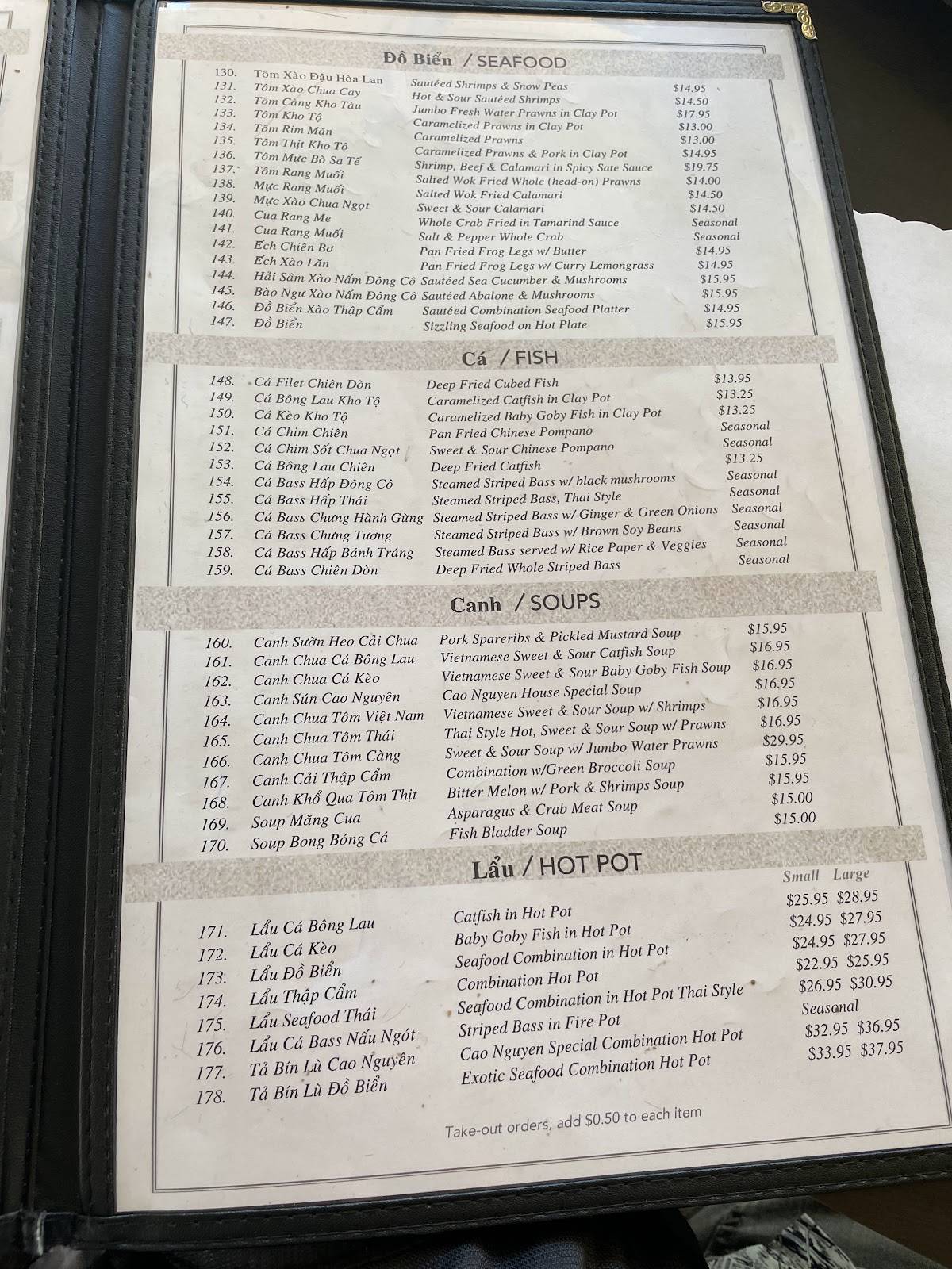 Menu at Cao Nguyên Restaurant, San Jose