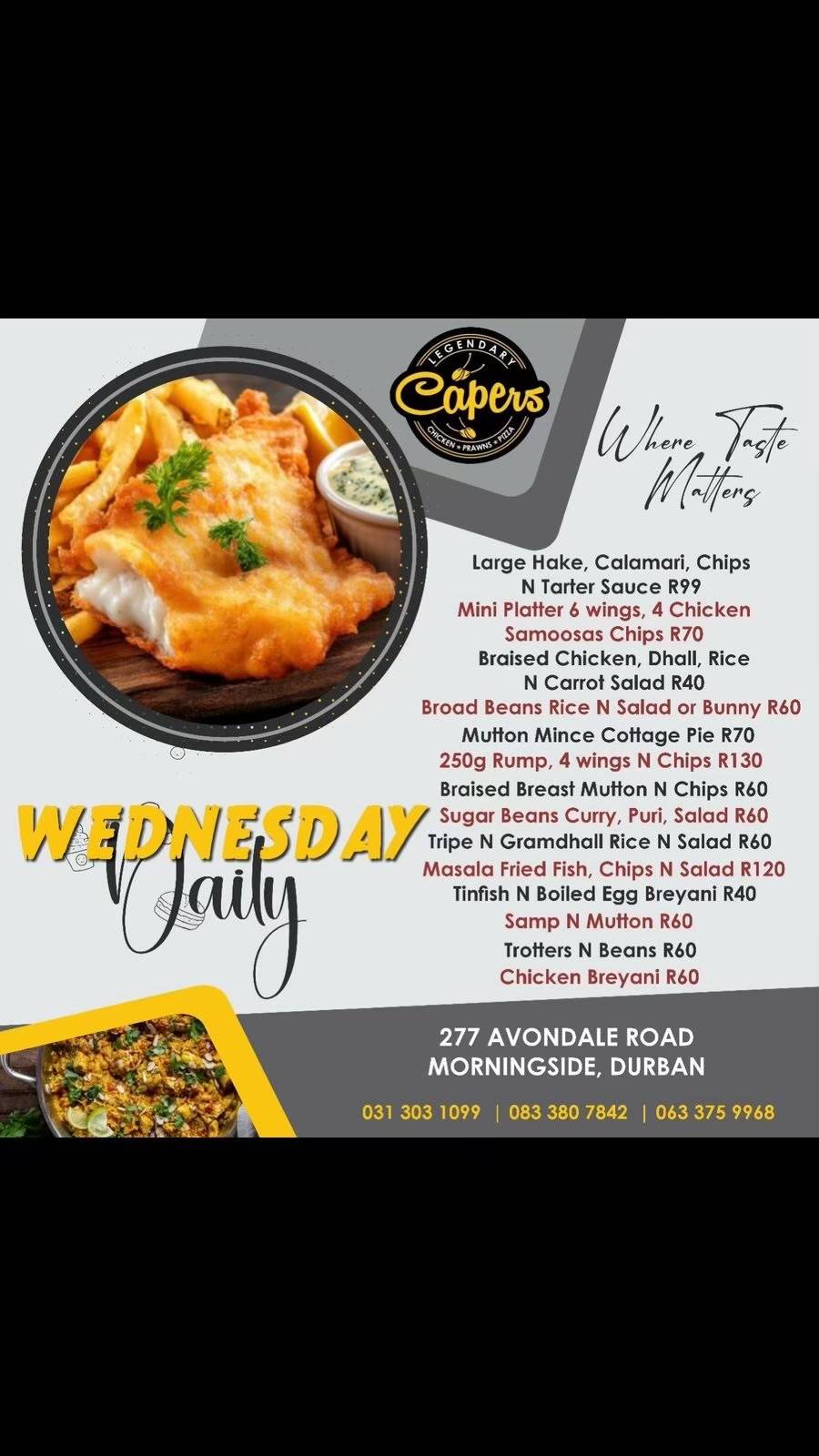 Menu at Capers Restaurant and Sports Bar, Durban