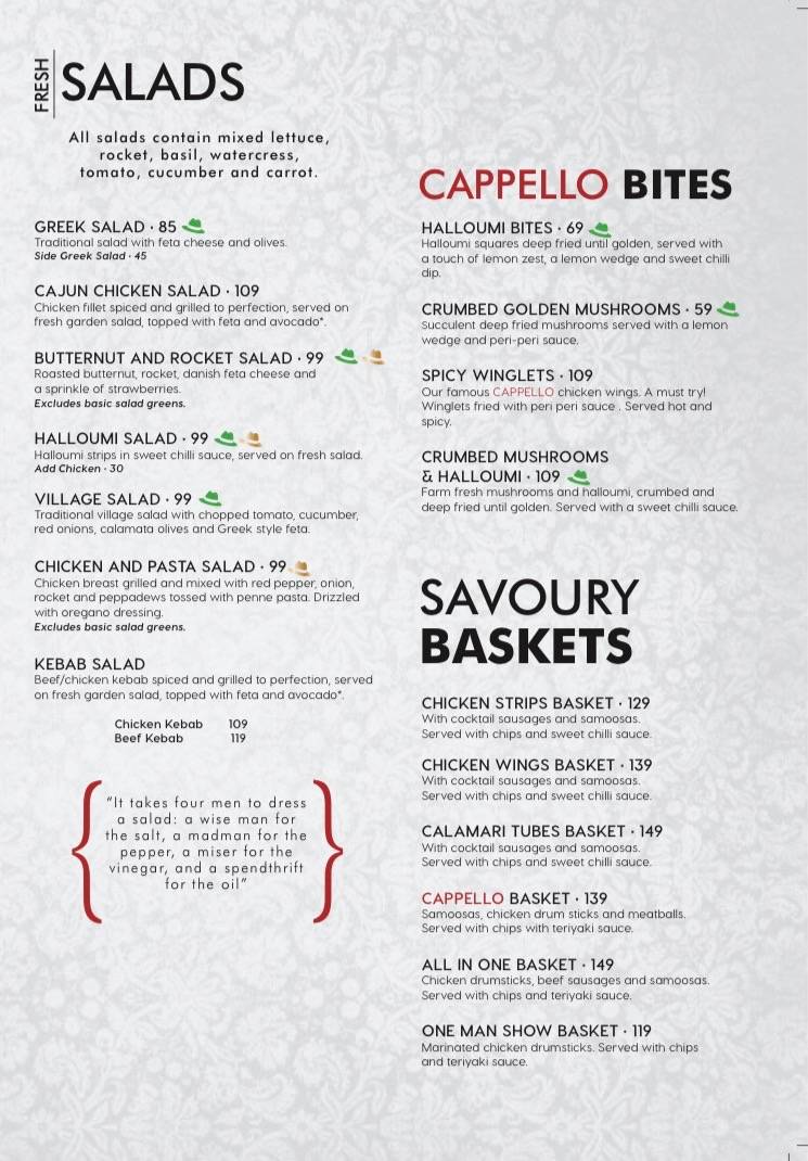 Menu at Cappello Florida Road restaurant, Durban, 206 Florida Rd