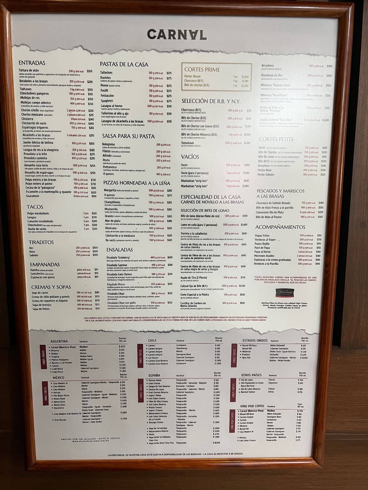 Carta del restaurante Carnal - Insurgentes, Ciudad del México