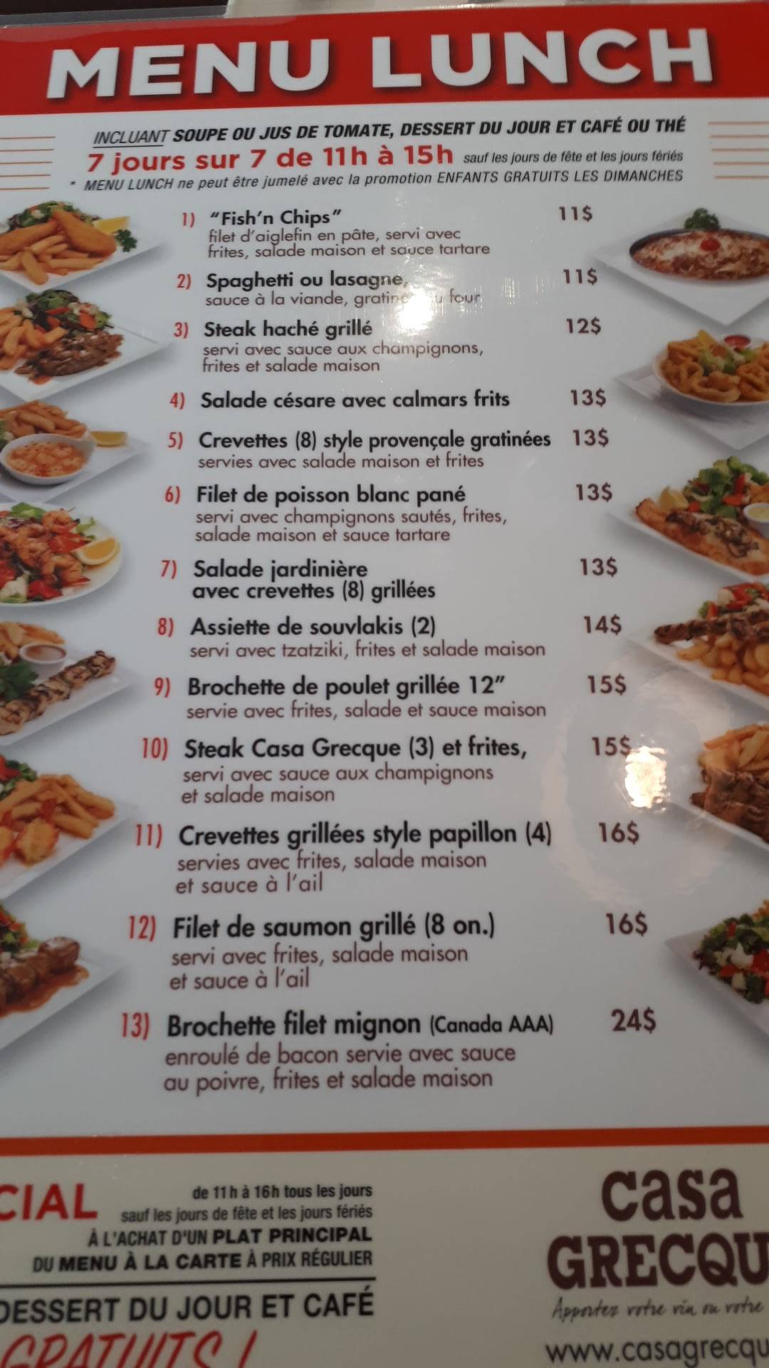 Menu au Casa Grecque restaurant, Saint-Jean-sur-Richelieu