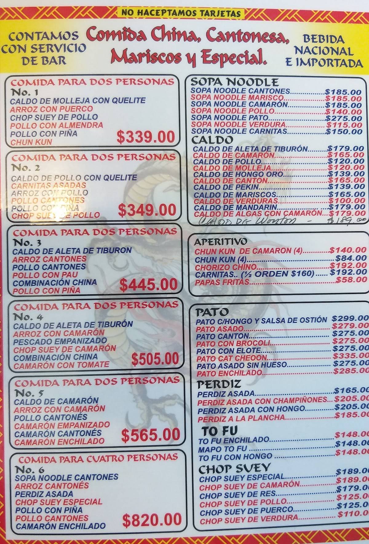 Carta de Restaurant Cat Cheoon, Tijuana, Blvd. Insurgentes 11