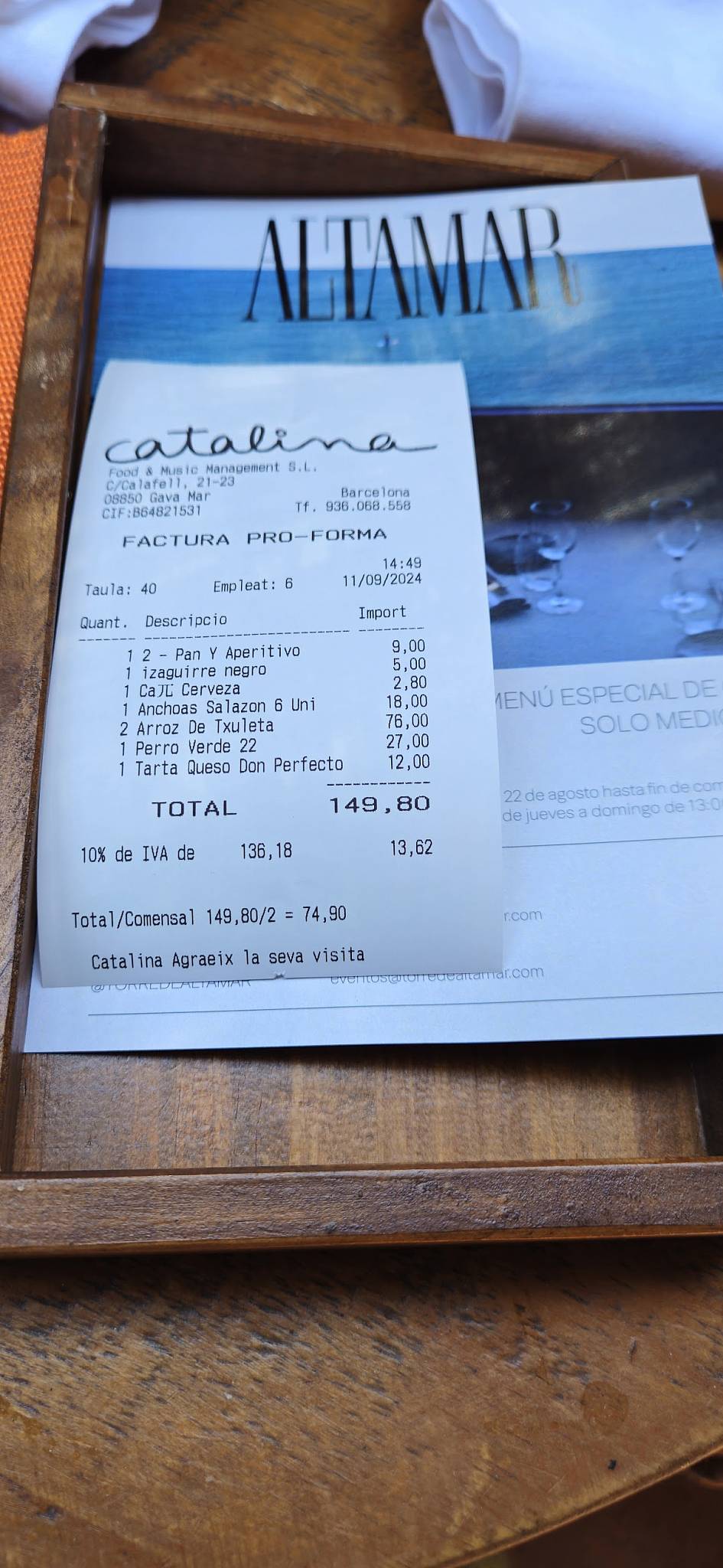 Carta del restaurante Catalina Gavà Mar, Gavà