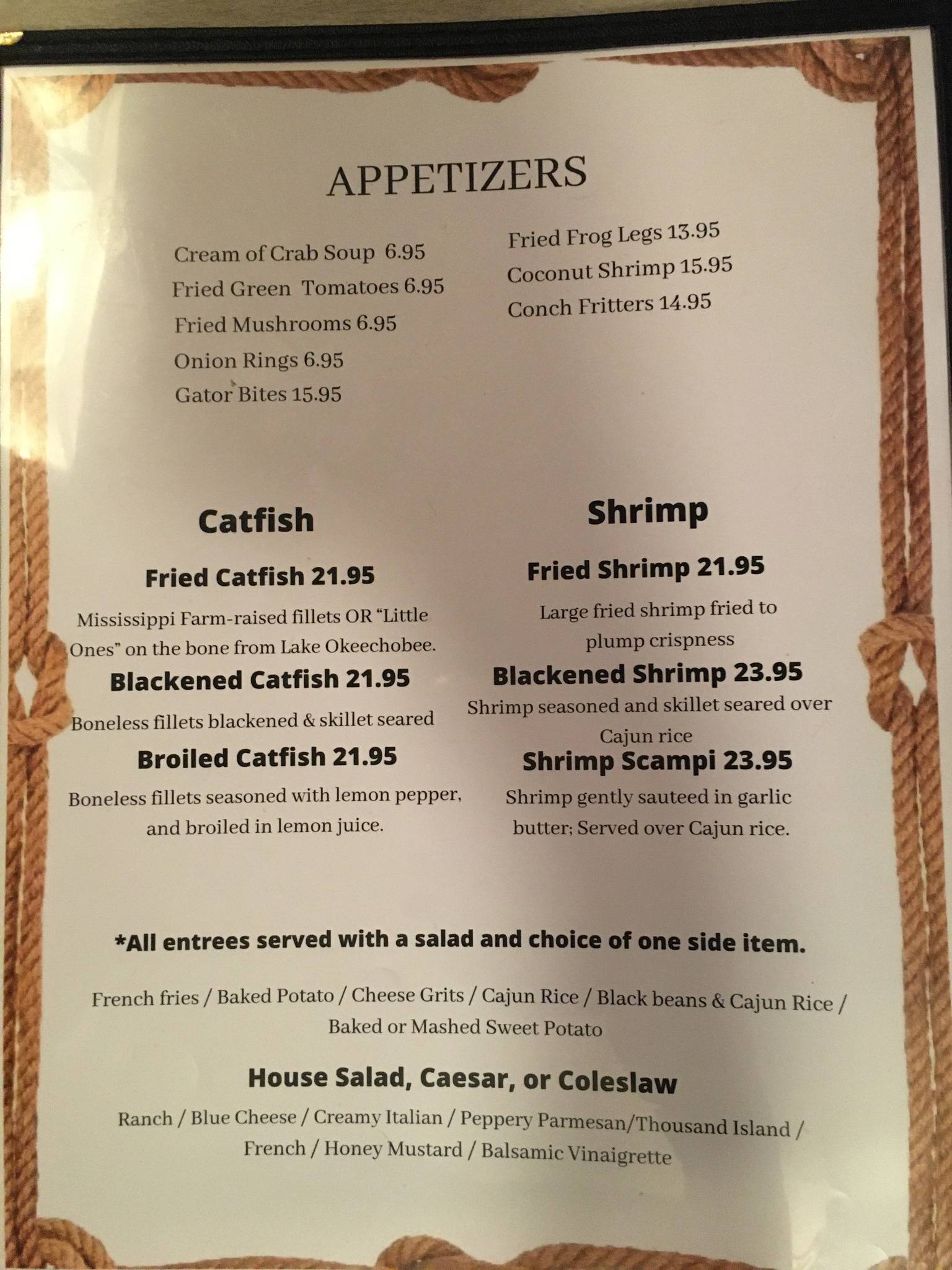 Menu at Catfish House restaurant, Hobe Sound