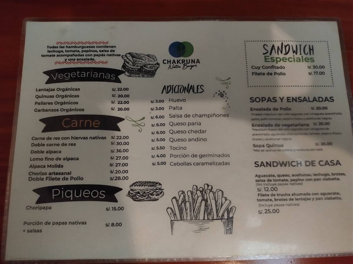 Menu at Chakruna Native Burgers restaurant, Cusco