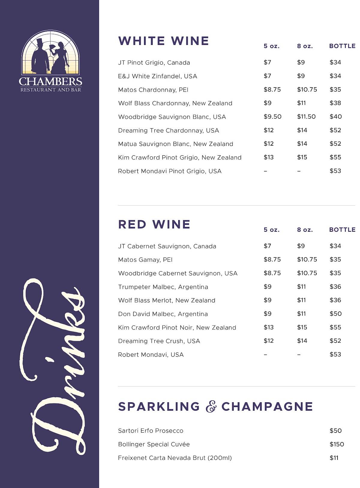 Menu at Chambers Restaurant & Bar, Charlottetown, 75 Kent St