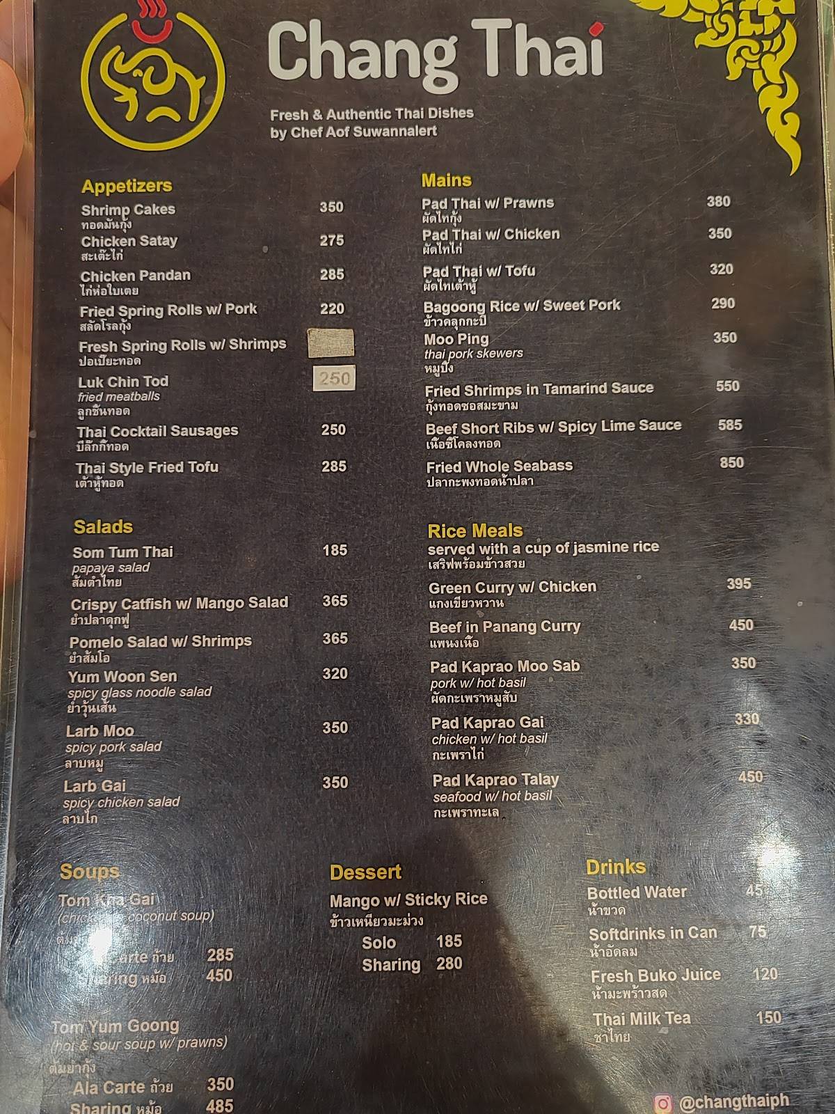 Menu at Chang Thai restaurant, Makati