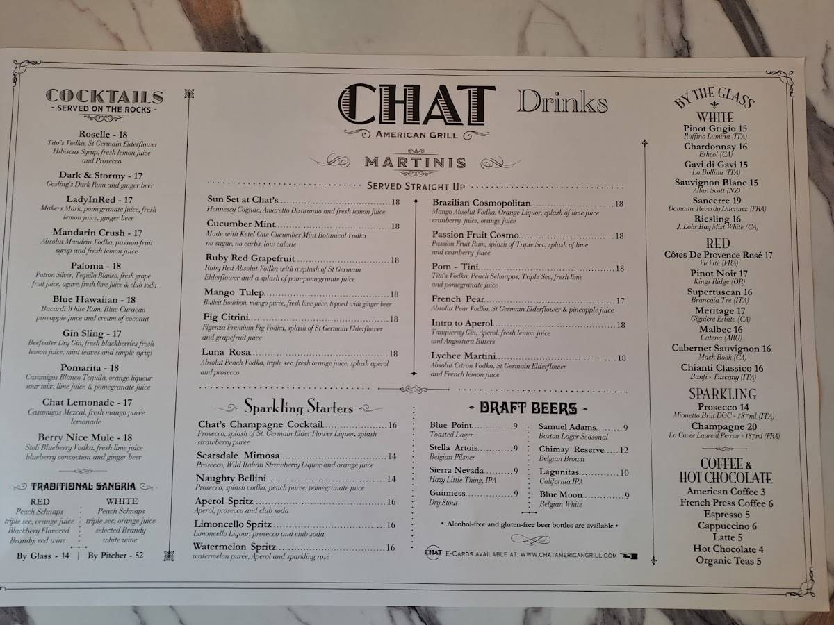 Menu at Chat restaurant, Scarsdale
