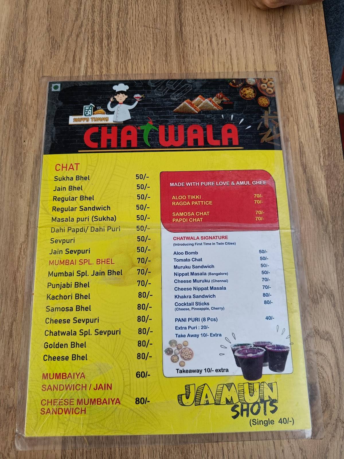 Menu at Chatwala, Hyderabad