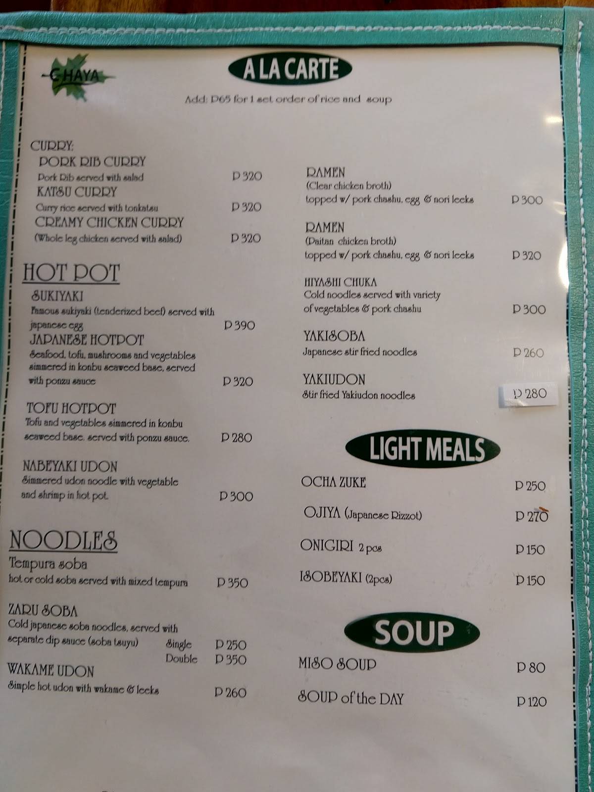 Menu at Chaya restaurant, Baguio