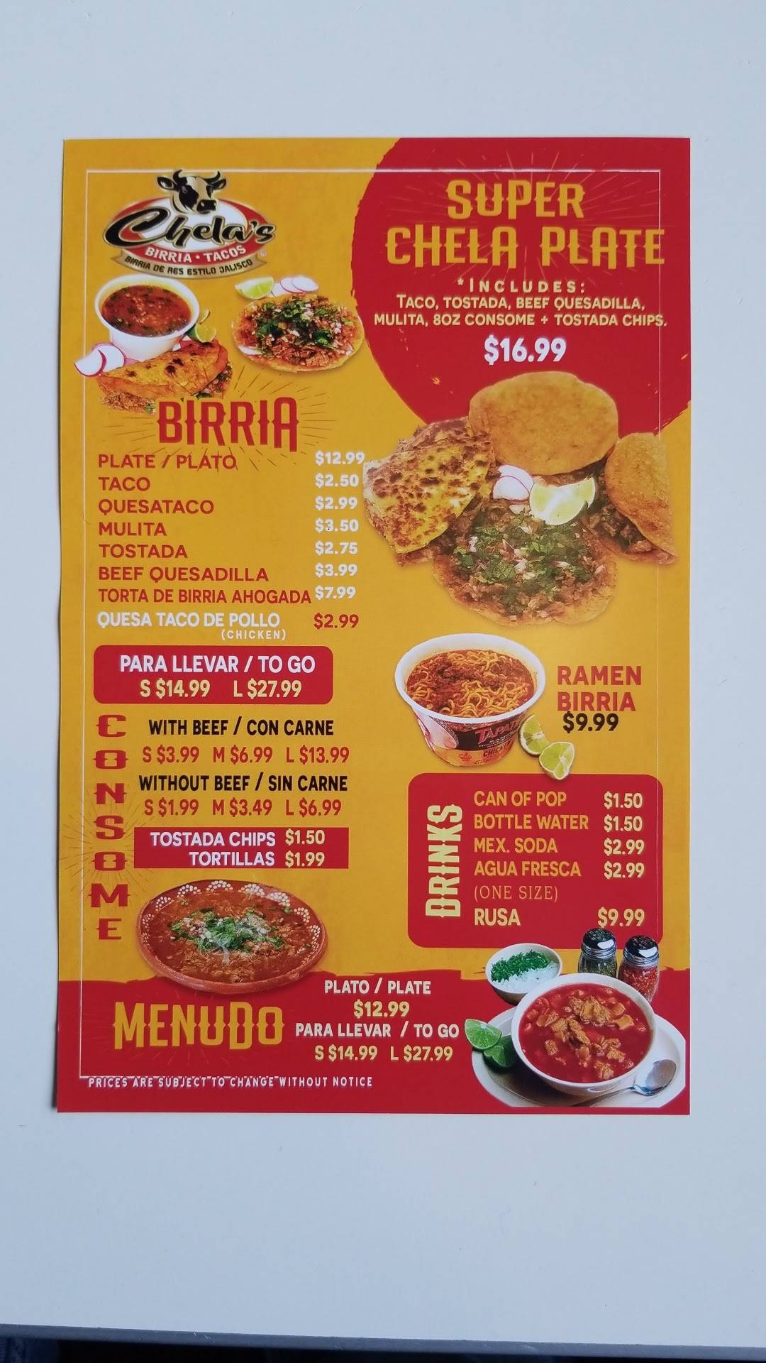 Menu at Chela's Birria Tacos restaurant, Whiting