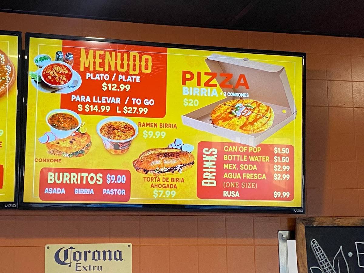 Menu at Chela's Birria Tacos restaurant, Whiting