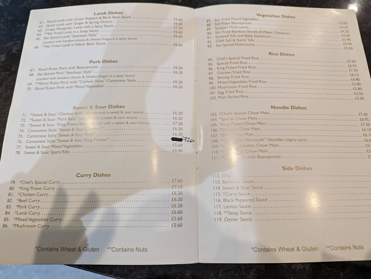 Menu at Chinese Whispers restaurant, Wimborne Minster