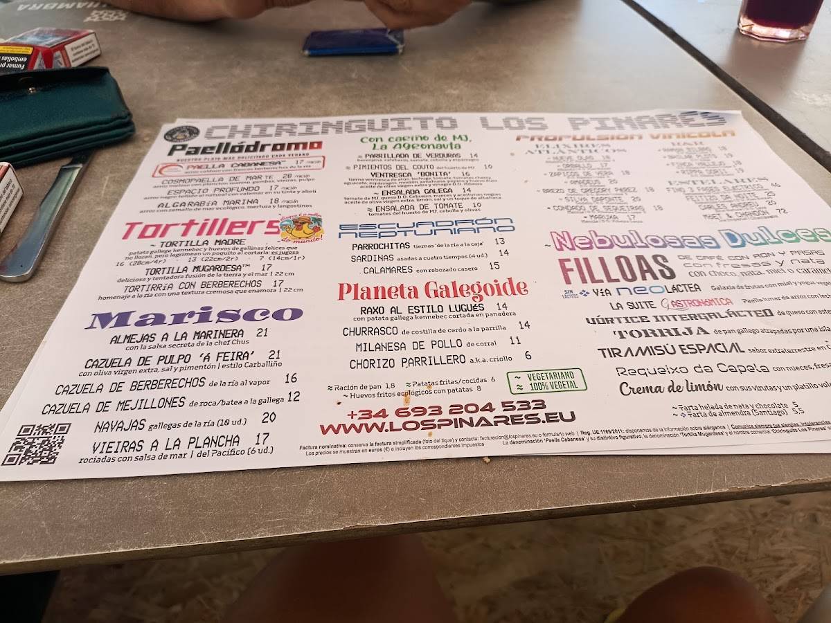 Menu at Chiringuito Los Pinares restaurant, Cabanas