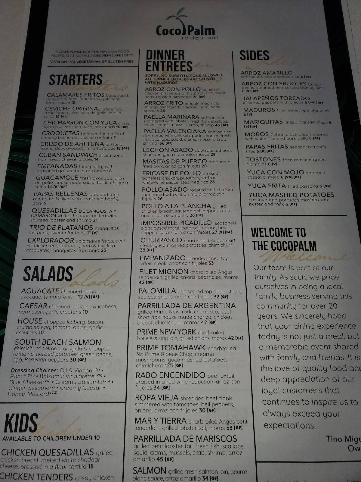 Menu at Coco Palm Restaurant, Pomona