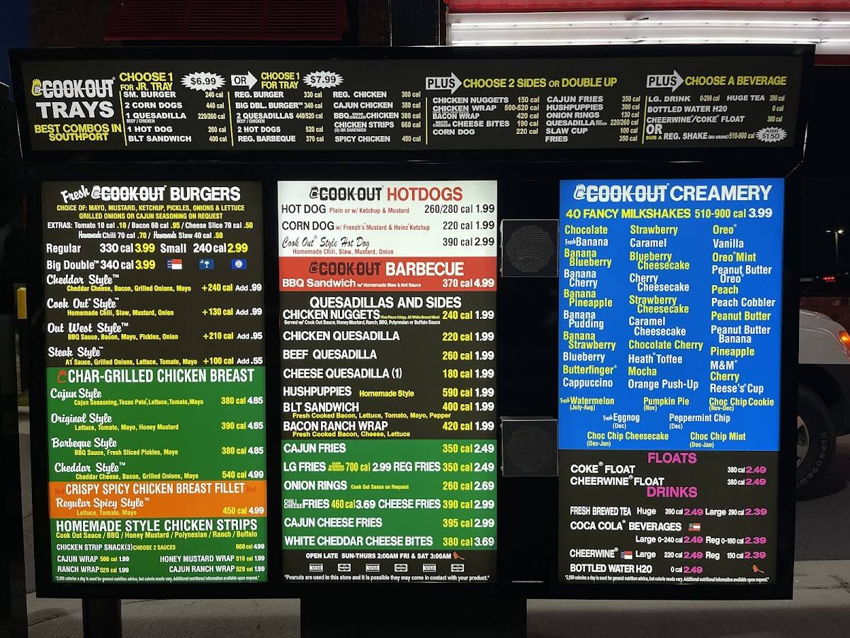 Menu at Cook Out restaurant, Southport