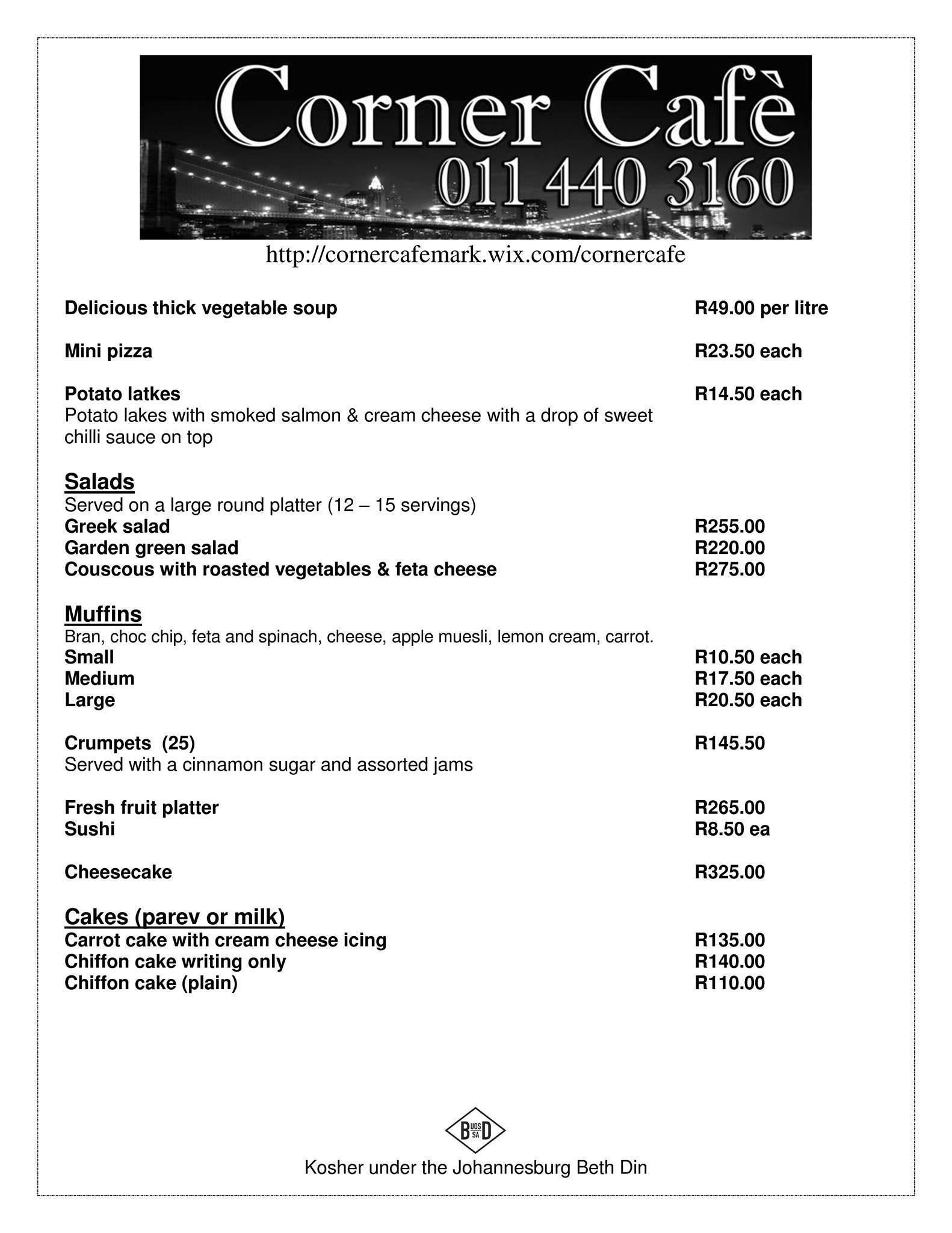 Menu at Corner Cafe, Johannesburg, 13 Northfield Ave