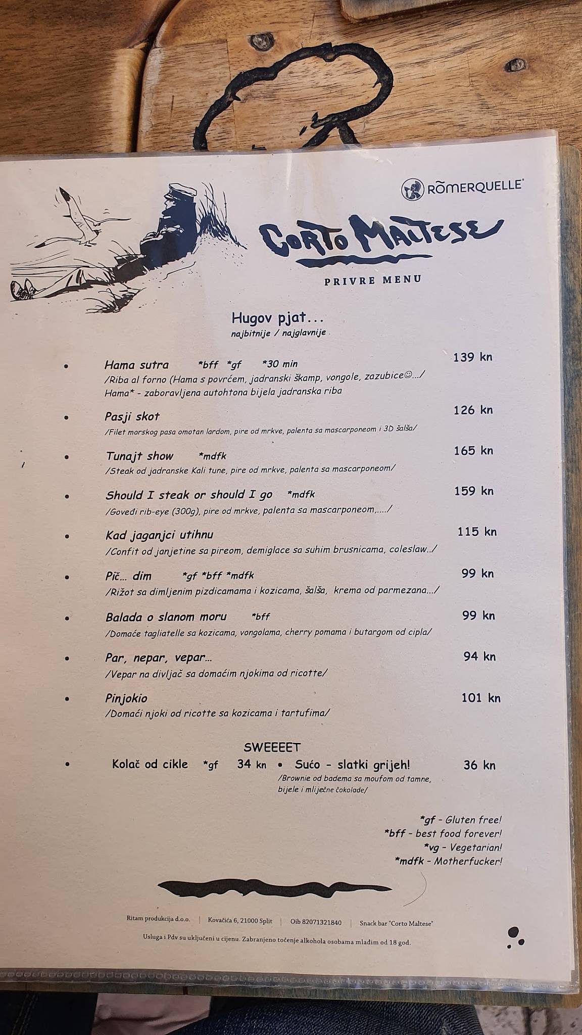 Menu at Corto Maltese Freestyle food restaurant, Split, Obrov ul. 7
