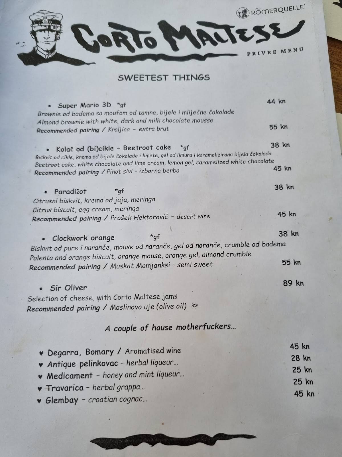 Menu at Corto Maltese Freestyle food restaurant, Split, Obrov ul. 7