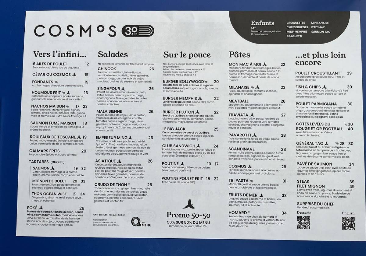 Menu au Cosmos Ste-Foy restaurant, Québec, Bd Laurier