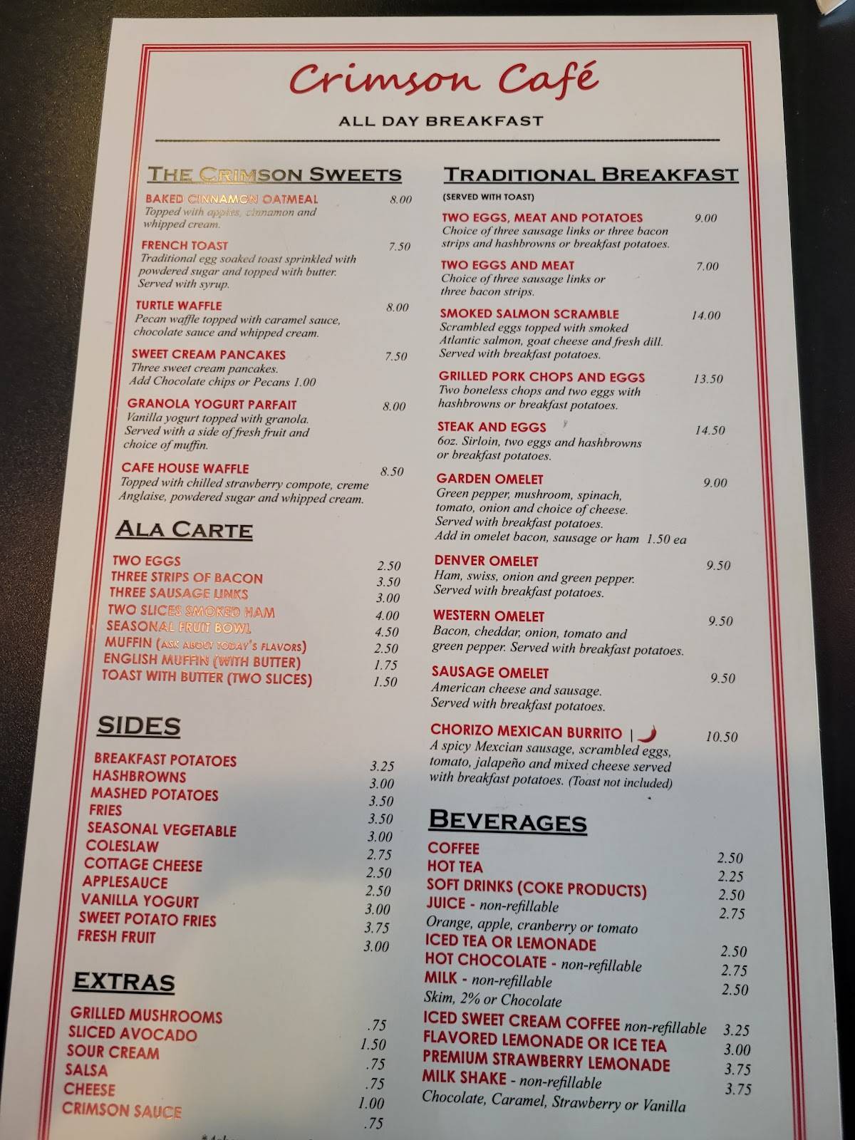 Menu at Crimson Cafe, Saint Joseph
