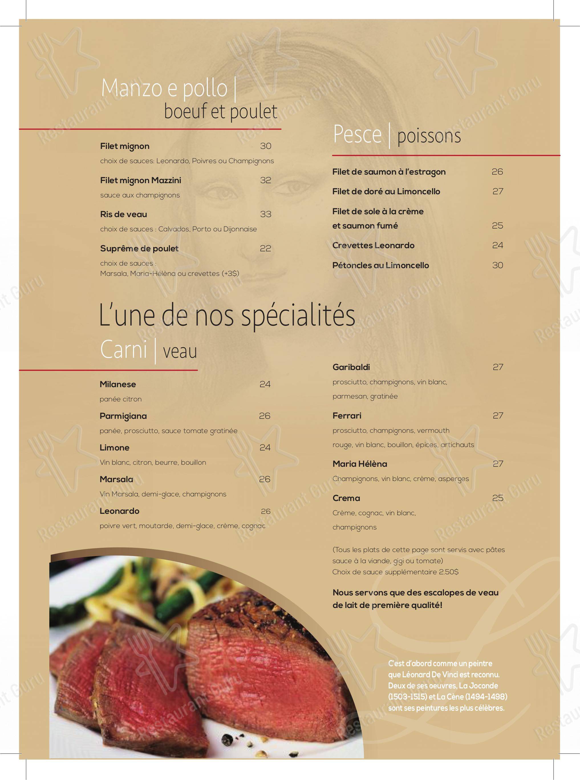 Menu au Da Leonardo restaurant, Sherbrooke, Boul Bourque