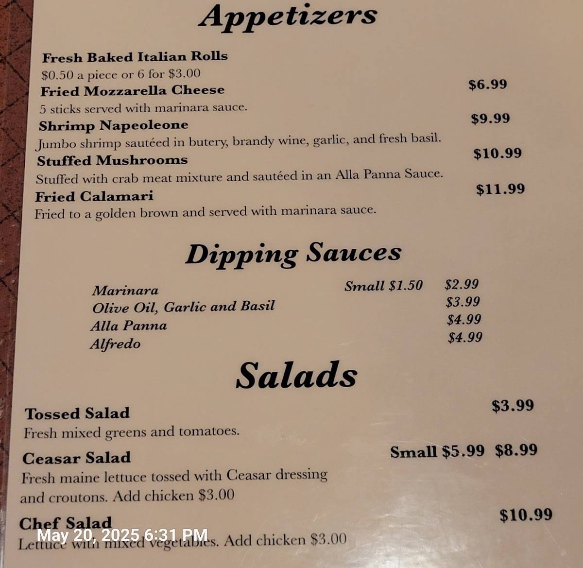Menu at DaVinci Italian Restaurant, Claremore