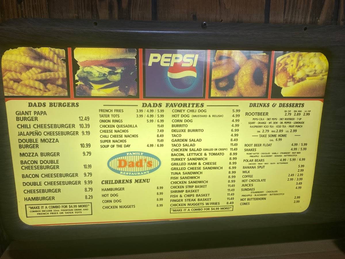 Menu at Dad's Family Restaurant, Toppenish
