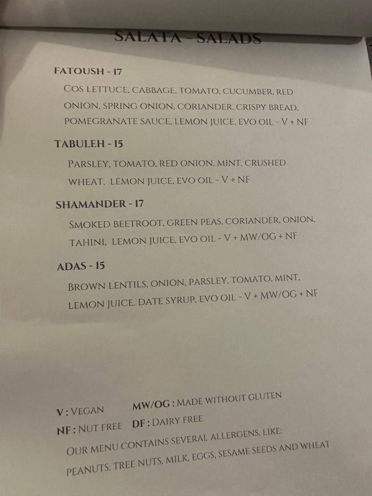 Menu at Damascus restaurant, Wellington