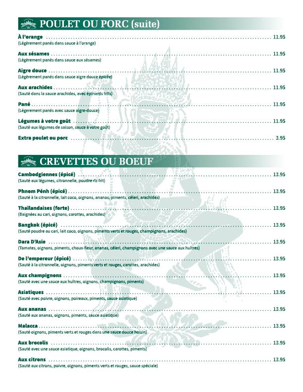 Menu au Restaurant Dara D'Asie, Drummondville, 283 Rue Hériot