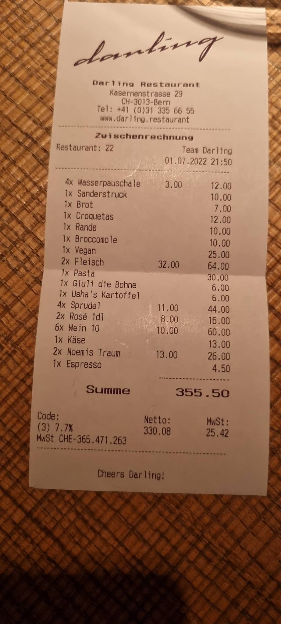 Speisekarte von Restaurant Darling, Bern