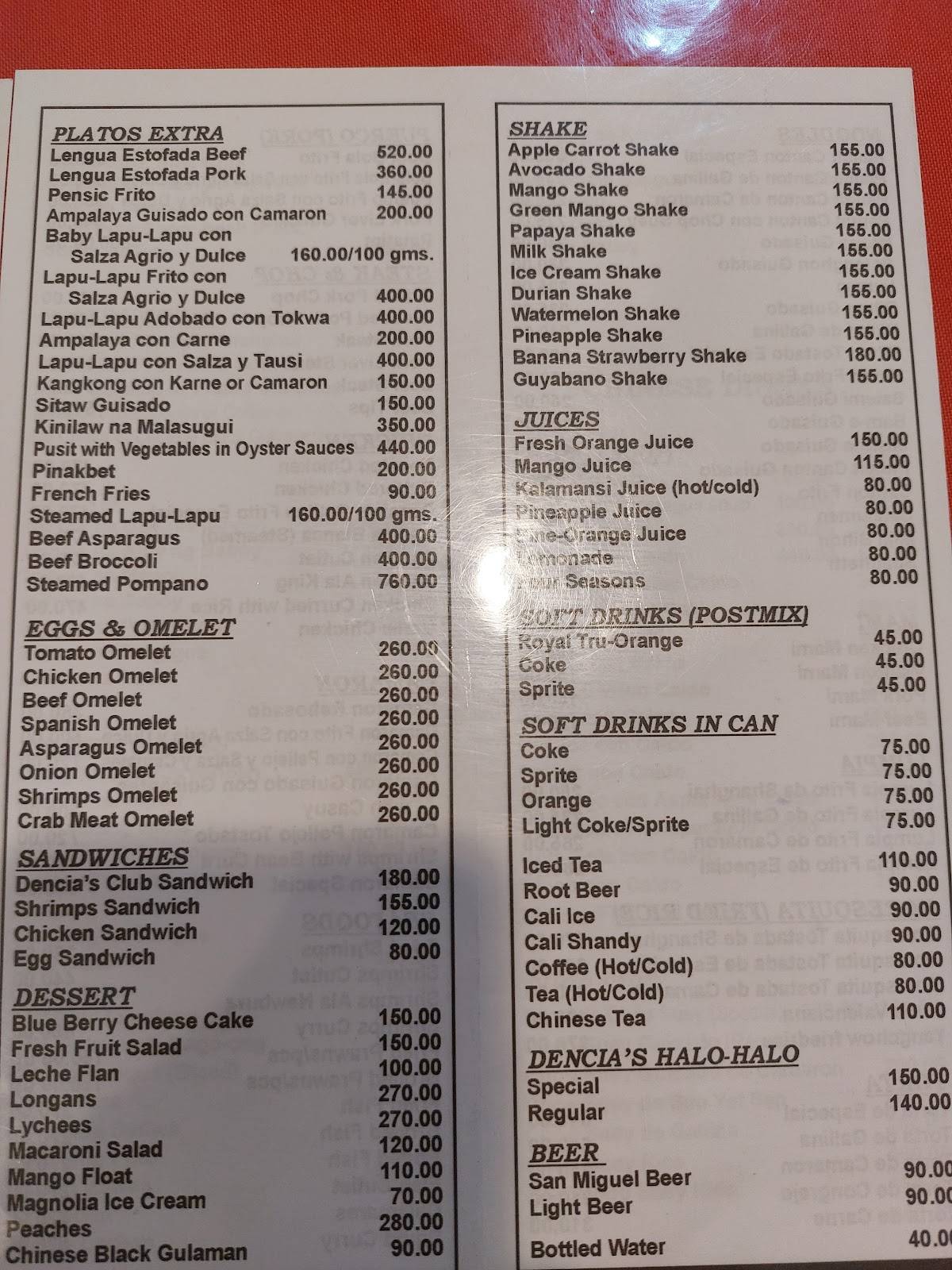 Menu at Davao Dencia's Restaurant, Davao City, General Luna St