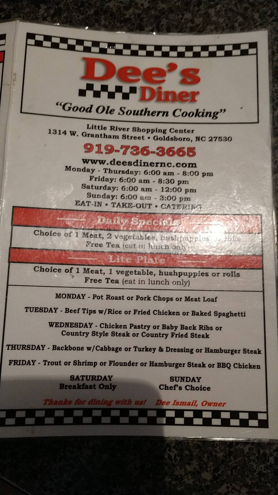 Menu at Dee's Diner restaurant, Goldsboro, W Grantham St