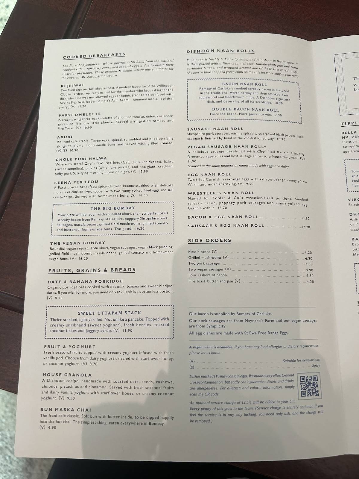 Menu at Dishoom Birmingham restaurant, Birmingham