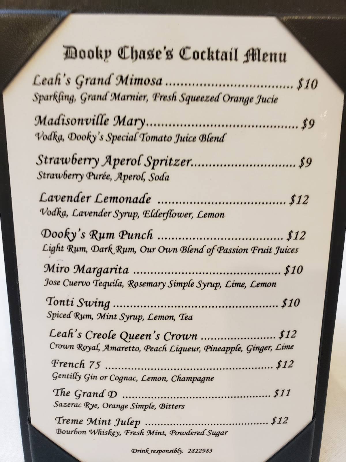 Menu at Dooky Chase Restaurant, New Orleans