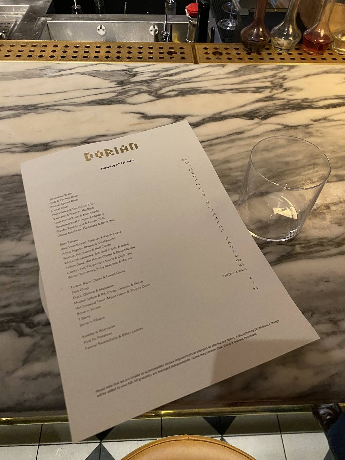 Menu at Dorian Restaurant, London