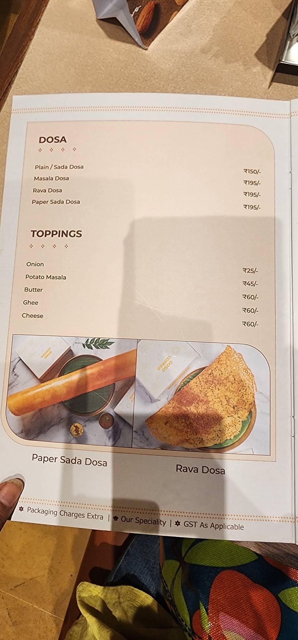 Menu at Dosa Coffee, Kolkata