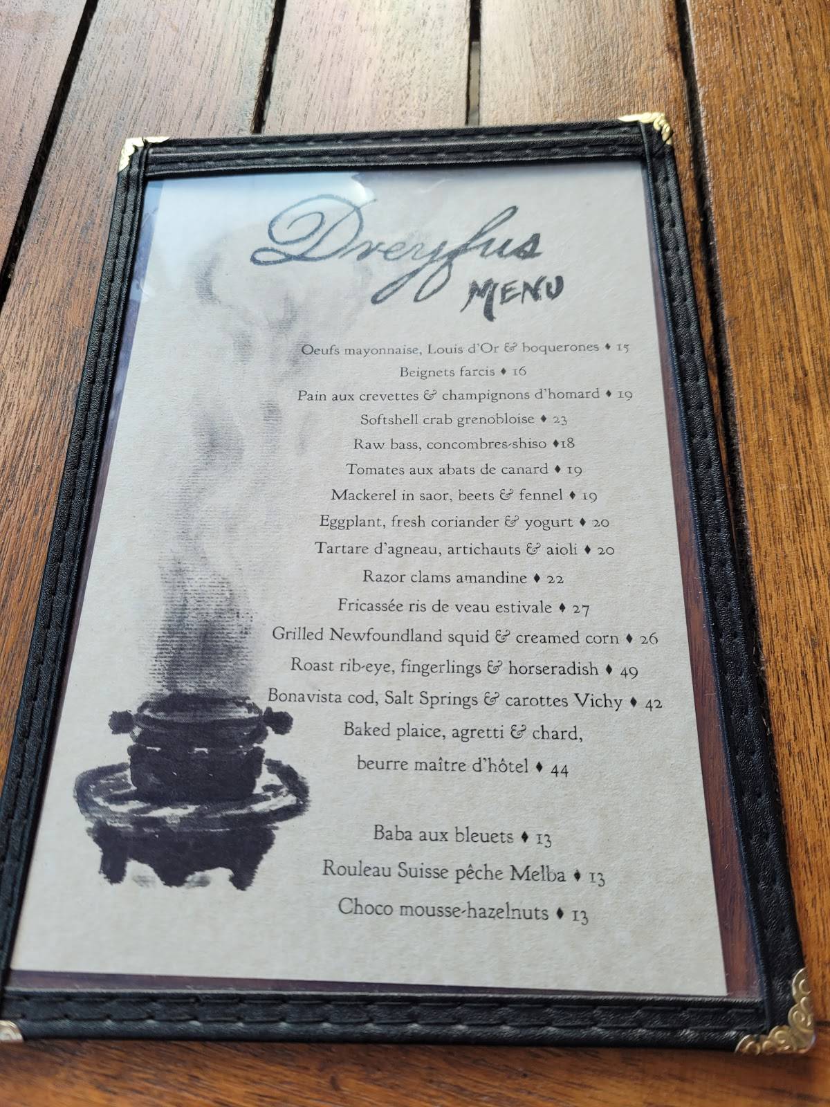 Menu at Dreyfus restaurant, Toronto, 96 Harbord St